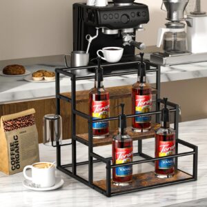 Homedawn Coffee Syrup Rack Organizer, Syrup Bottle Holder Stand for Coffee Bar, 3-Tier 12 Bottles Storage Shelves for Syrup, Wine, Dressing for Kitchen Countertop, Rustic Brown & Black