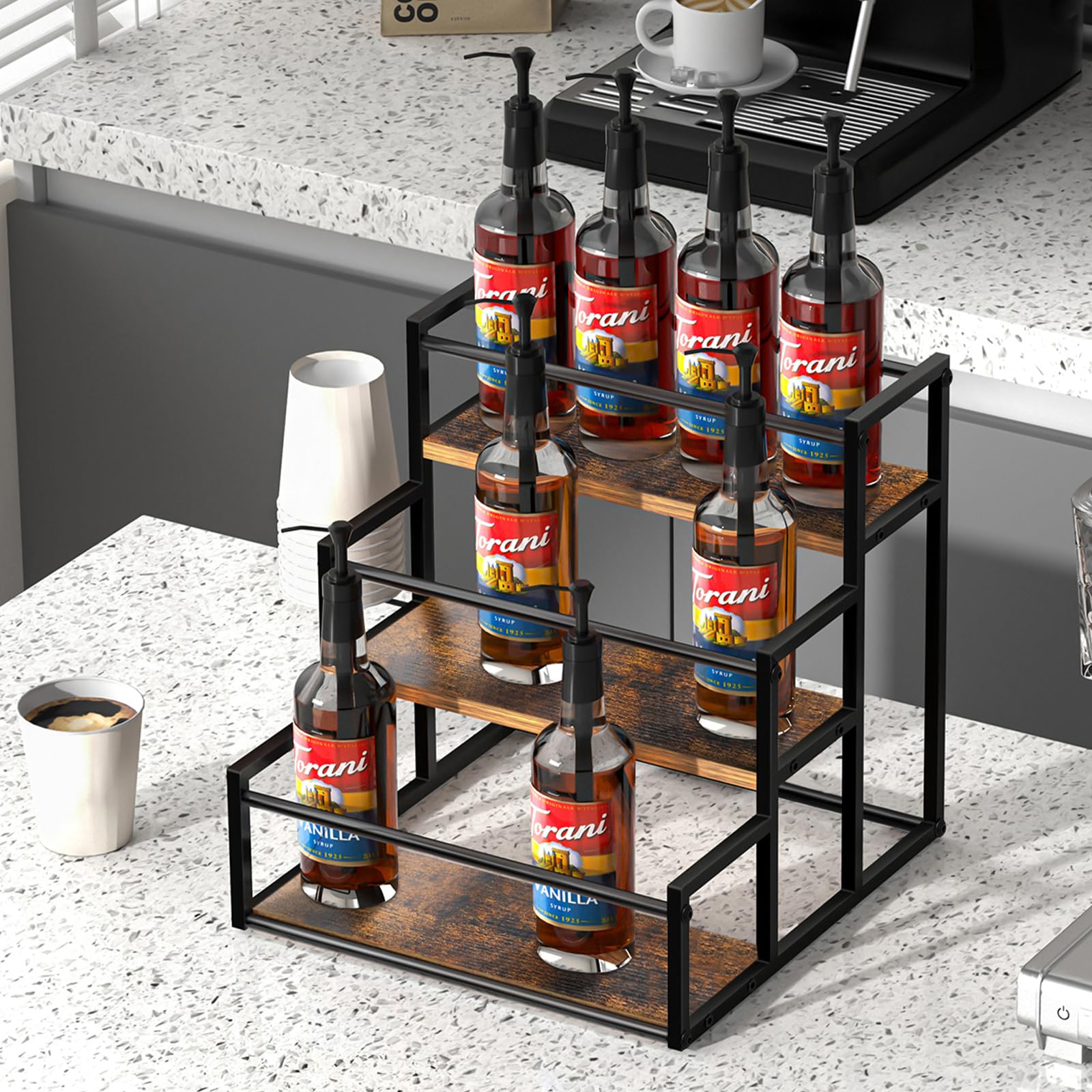 Homedawn Coffee Syrup Rack Organizer, Syrup Bottle Holder Stand for Coffee Bar, 3-Tier 12 Bottles Storage Shelves for Syrup, Wine, Dressing for Kitchen Countertop, Rustic Brown & Black