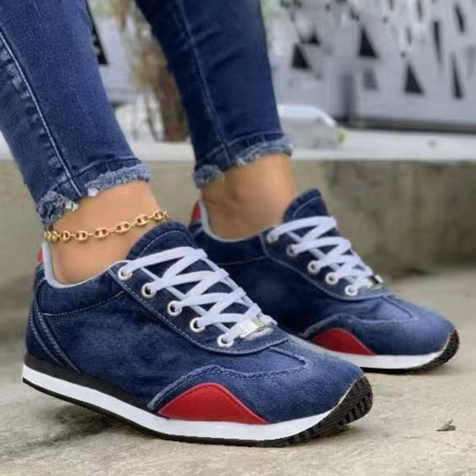 Womens Tennis Shoes Durable Non Slip Sneakers Mesh Breathable Round Toe Tennis Shoes Dressy Wide Fitting Sneakers Loafers Ladies Lightweight Soft Sole Trail Running Jogging Shoes Dark Blue