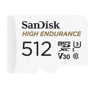 SanDisk 512GB High Endurance Video microSDXC Card with Adapter for Dash Cam and Home Monitoring Systems - C10, U3, V30, 4K UHD, Micro SD Card - SDSQQNR-512G-GN6IA