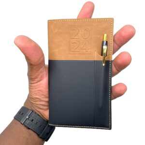 2024 Weekly Pocket Calendar Organizer With Black & Gold Pen Attached | White Notepad For Notetaking - All in a Gold Gift Box | Small Size Soft Leather Cover 6" X 3.5" Black & Brown/Tan Planner (2024)