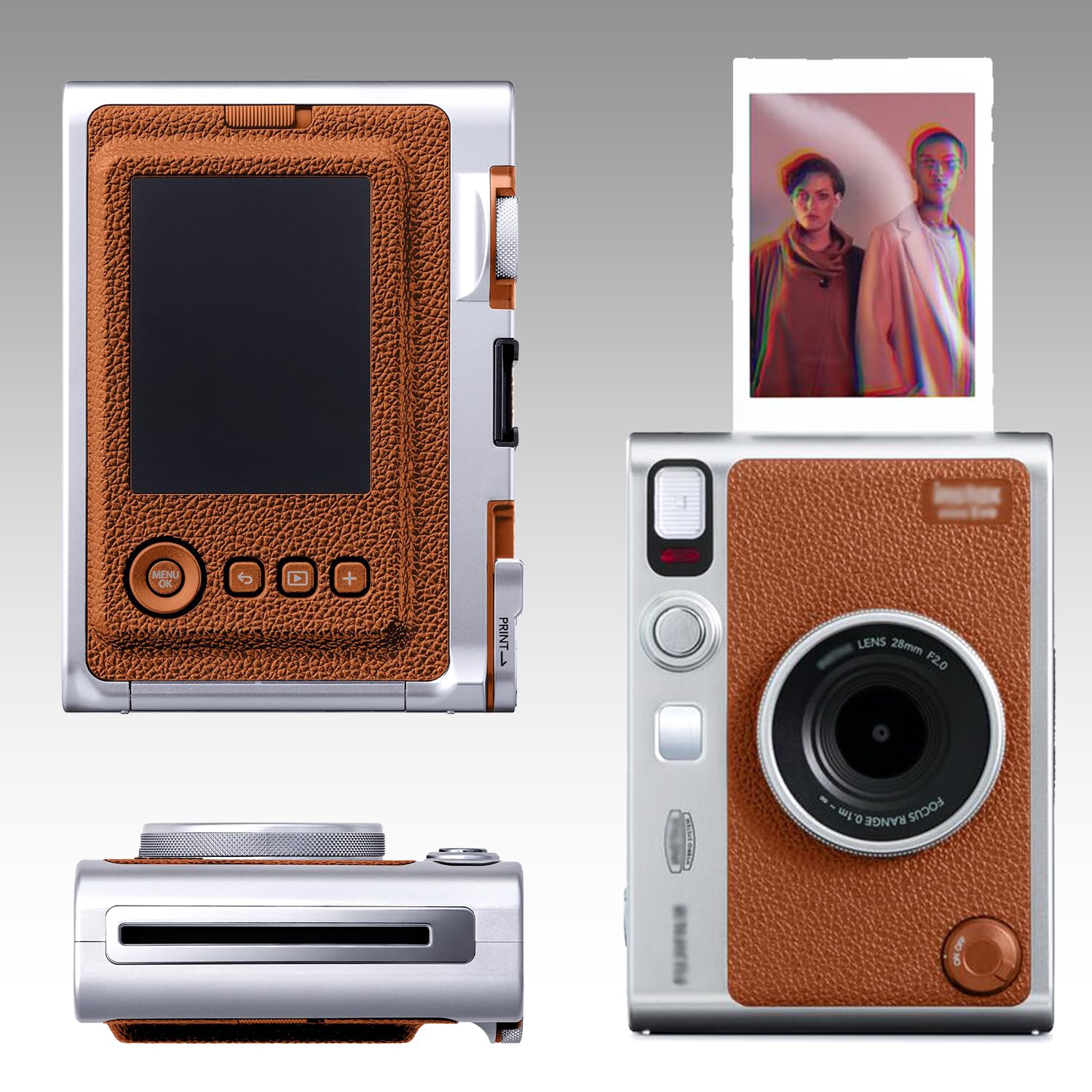 Ultimaxx Advanced FUJIFILM INSTAX MINI EVO Hybrid Instant Camera Bundle (Brown): 64GB Extreme microSD Memory Card, Mini Tripod, Ultra-Bright LED Light Kit, Point-and-Shoot Case &Much More(15pc Bundle)