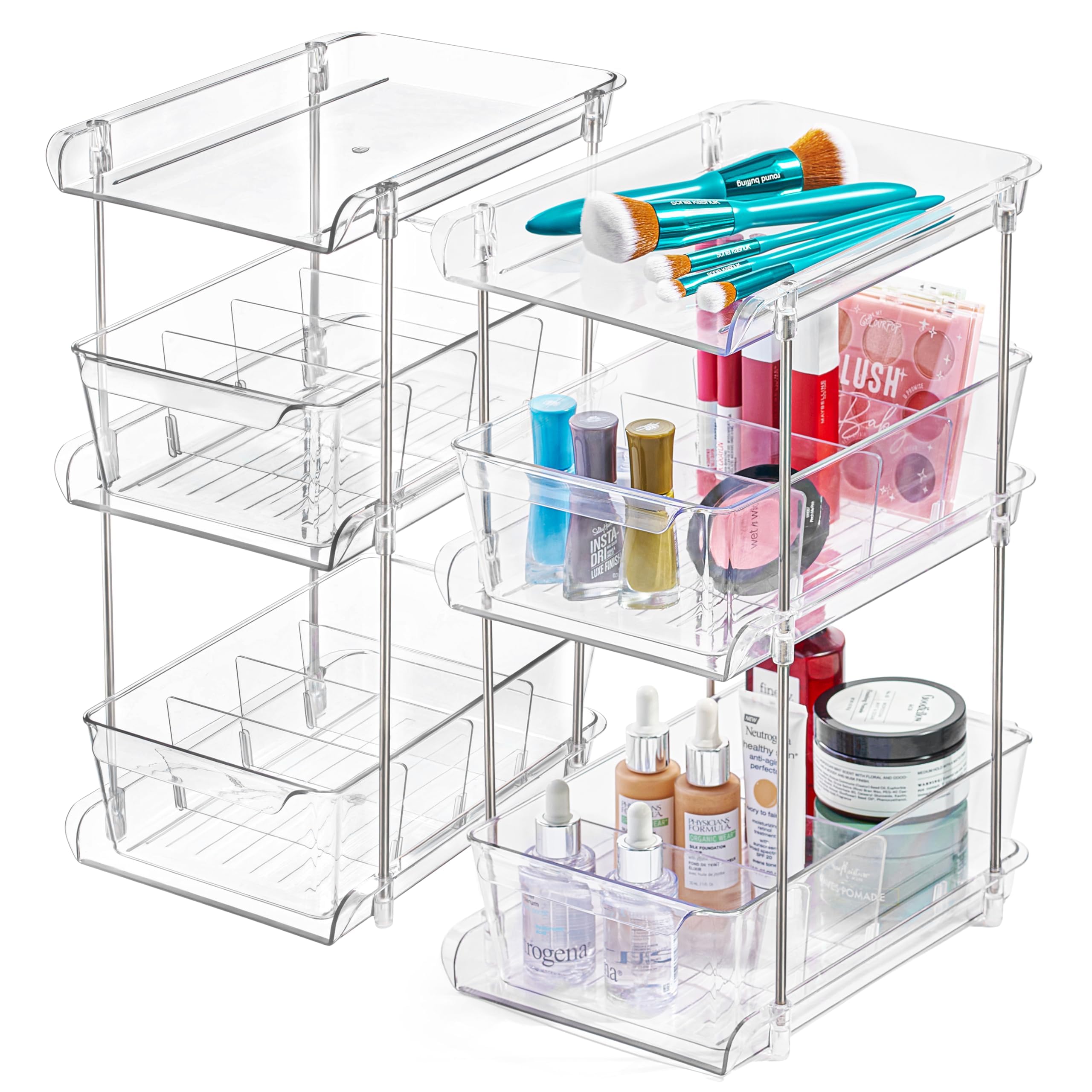 3 Tier Clear Under Bathroom Sink Organizer Pull Out Drawer | Bathroom Cabinet Organizer Under Sink | Under Vanity Organizer | Medicine Cabinet Storage | Bathroom Counter Organizer | (2 Pack)