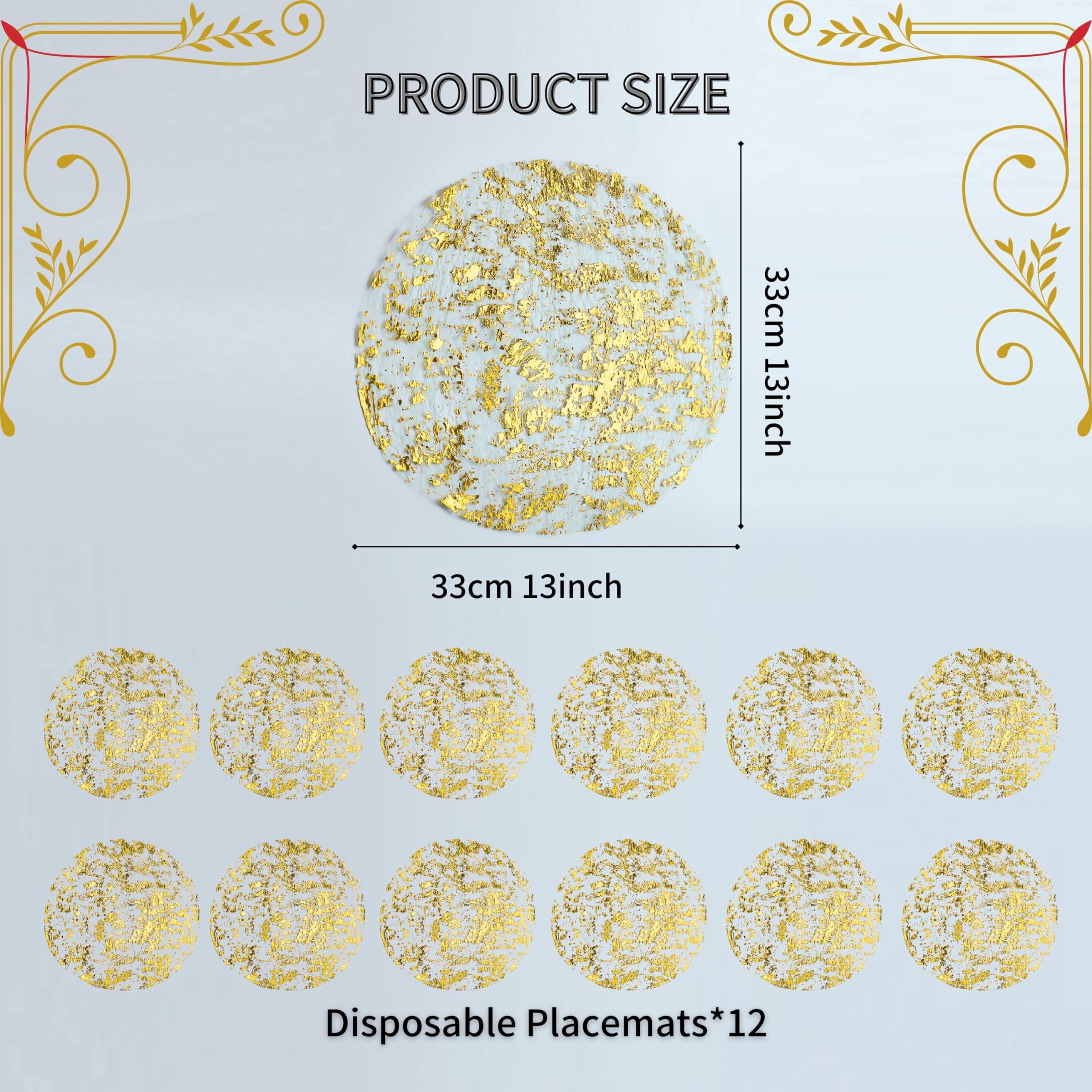 Snowkingdom Disposable Gold Placemats Set of 12 Metallic Round 13 Inch Gold Foil Mesh Pressed Fall Table Mates 12 Pack Gold Doilies for Dining Table Wedding Birthday Party Holiday Home Decoration