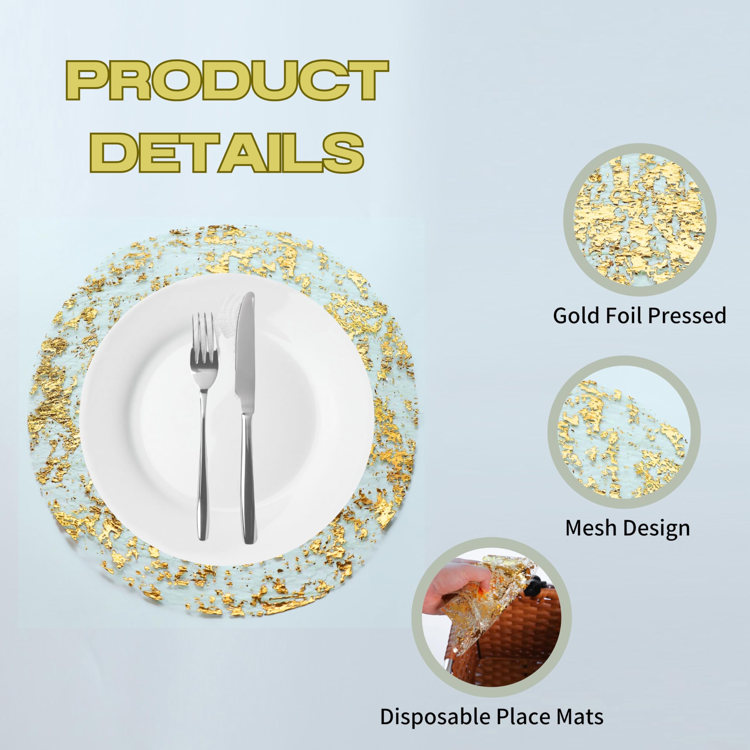 Snowkingdom Disposable Gold Placemats Set of 12 Metallic Round 13 Inch Gold Foil Mesh Pressed Fall Table Mates 12 Pack Gold Doilies for Dining Table Wedding Birthday Party Holiday Home Decoration