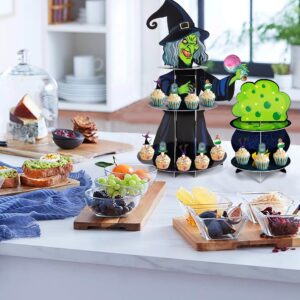 2 Set Halloween Witch Cupcake Stand Decorations, 3 - Tier Cardboard Cauldron Tray Holder Plus 24 Cake Toppers Birthday Party Supplies Decor（Assembly Needed）