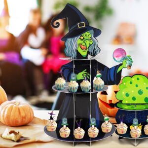 2 Set Halloween Witch Cupcake Stand Decorations, 3 - Tier Cardboard Cauldron Tray Holder Plus 24 Cake Toppers Birthday Party Supplies Decor（Assembly Needed）