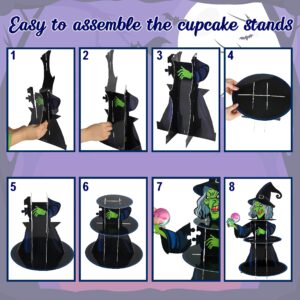 2 Set Halloween Witch Cupcake Stand Decorations, 3 - Tier Cardboard Cauldron Tray Holder Plus 24 Cake Toppers Birthday Party Supplies Decor（Assembly Needed）