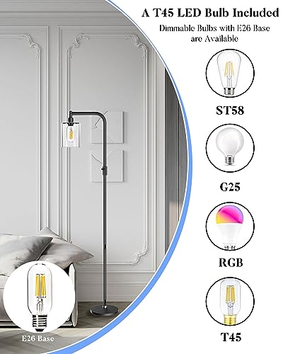 bulbeats 63IN Dimmable (Brightness Adjustable) Industrial Floor Lamp, Black Modern Standing Lamps with Clear Glass Lampshade, E26 LED Bulb Included, Farmhouse Floor Lamp for Living Room Bedroom