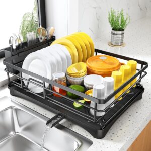 dish drying rack for kitchen counter - large dish rack with drainboard, rustproof dish drainer with utensil holder for sink, black