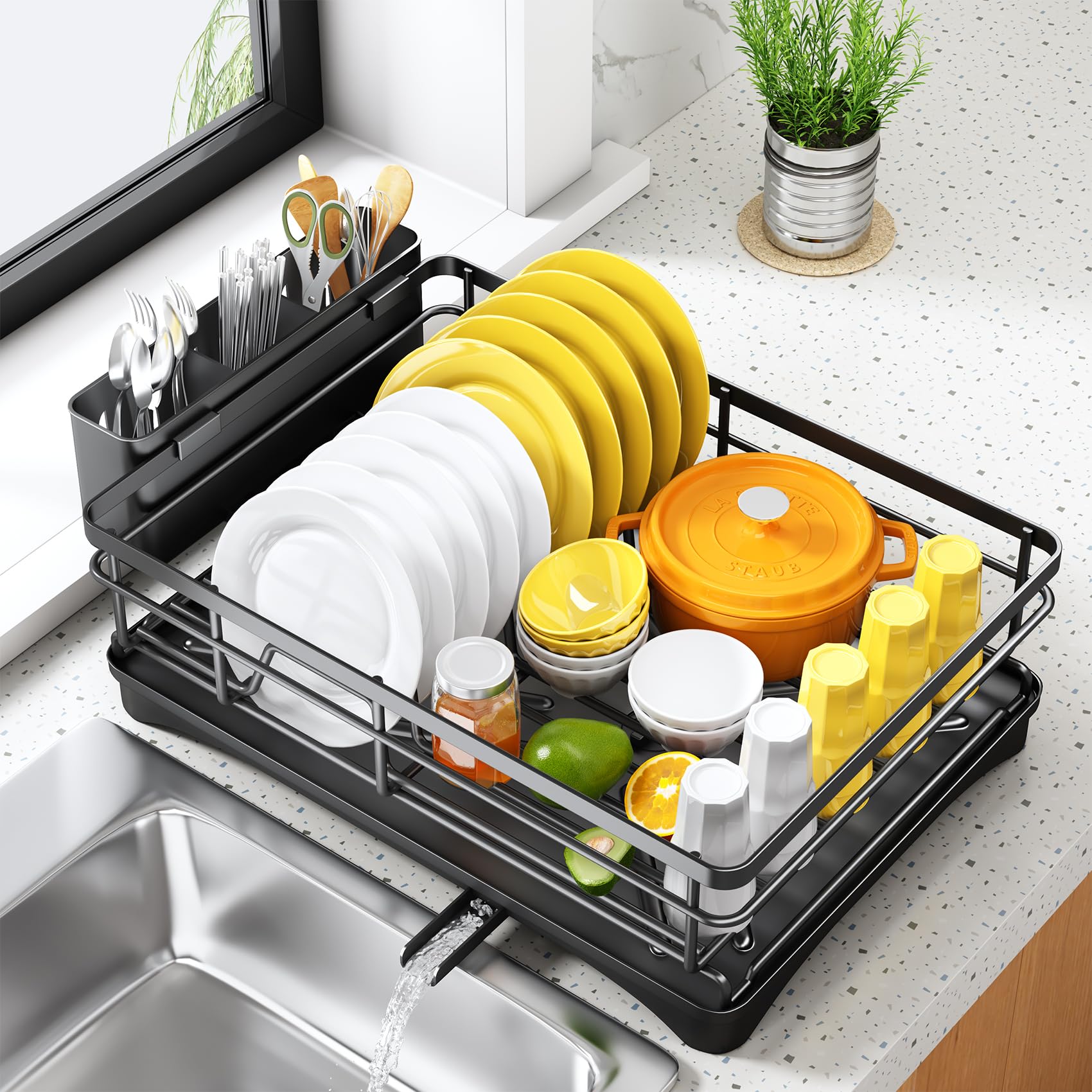 Dish Drying Rack for Kitchen Counter - Large Dish Rack with Drainboard, Rustproof Dish Drainer with Utensil Holder for Sink, Black