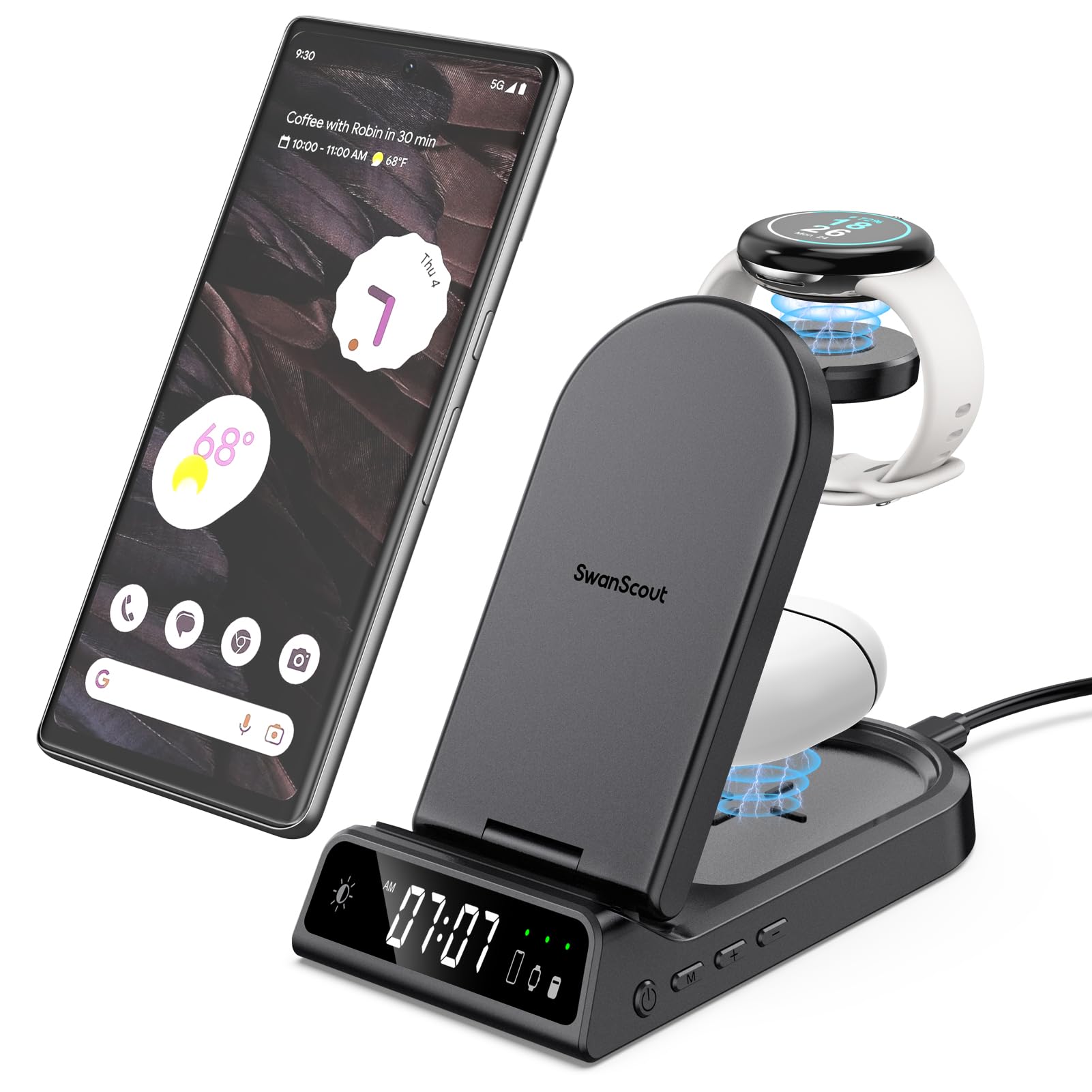 SwanScout Wireless Charging Station for Google Pixel Watch 1 (Not for Google Pixel Watch 2), SwanScout 702G, Fodable Wireless Charger for Google Pixel 8 Pro/8a/8/Fold/7A/7 Pro/7/6/6Pro, Pixel Buds Pro