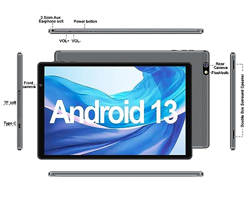 Tablet 10 inch Android 13 Tablets with 14GB RAM 128GB ROM, Octa-Core 2.0 GHz, 8000mAh Battery, 5G WiFi, Bluetooth 5.0, HD IPS Touchscreen, 5+8MP Camera Tablet with Keyboard Mouse Case, Gifts Grey