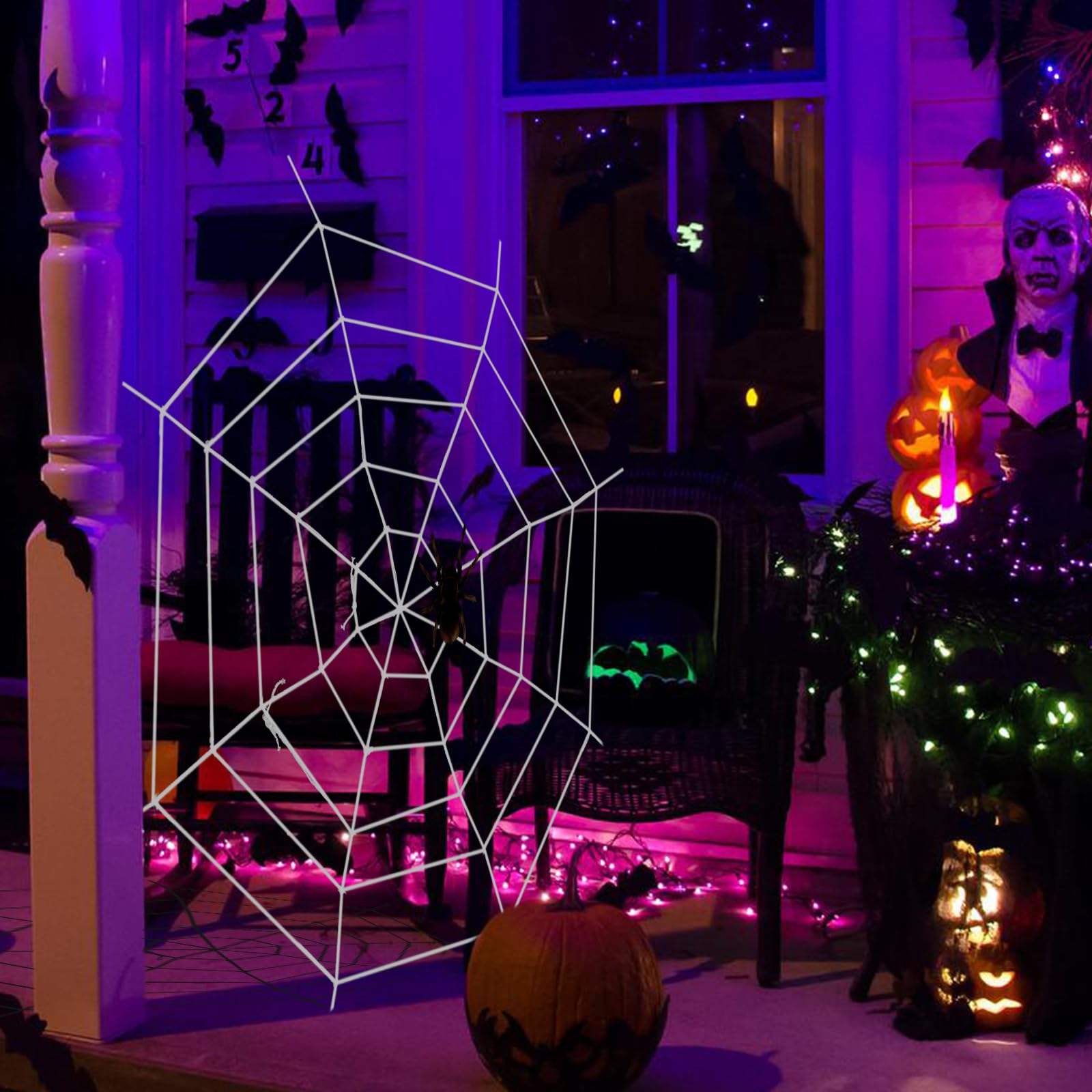 3 FT Halloween Giant String Rope Spider Web Decorations - Round Fake Spider Elastic Belt Props for Window Indoor Outdoor Yard Porch Haunted House Decor