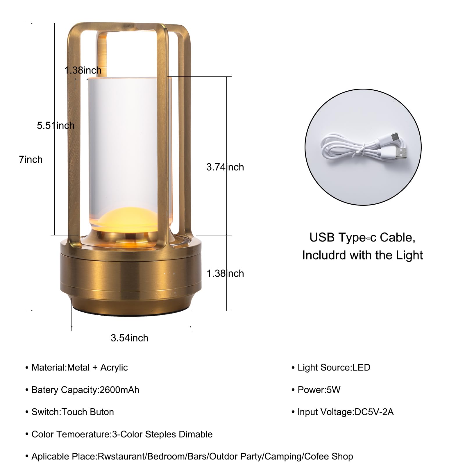 Cordless Portable LED Table Lamp， Rechargeable Battery Operated Desk Lamp with Touch Sensor (2600mAh), Three-Level Dimmable Suitable for Bars/Cafes/Restaurants/Bedrooms/Camping Sites (Gold)