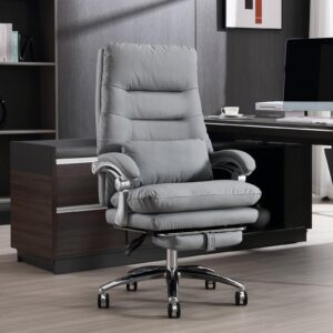 BOWTHY Office Chair with Foot Rest - High Back Executive Chair with Padded Linkage Armrests, Reclining Desk Chair with Wheels, Comfy Chair with Double Thick Cushion (Gray)