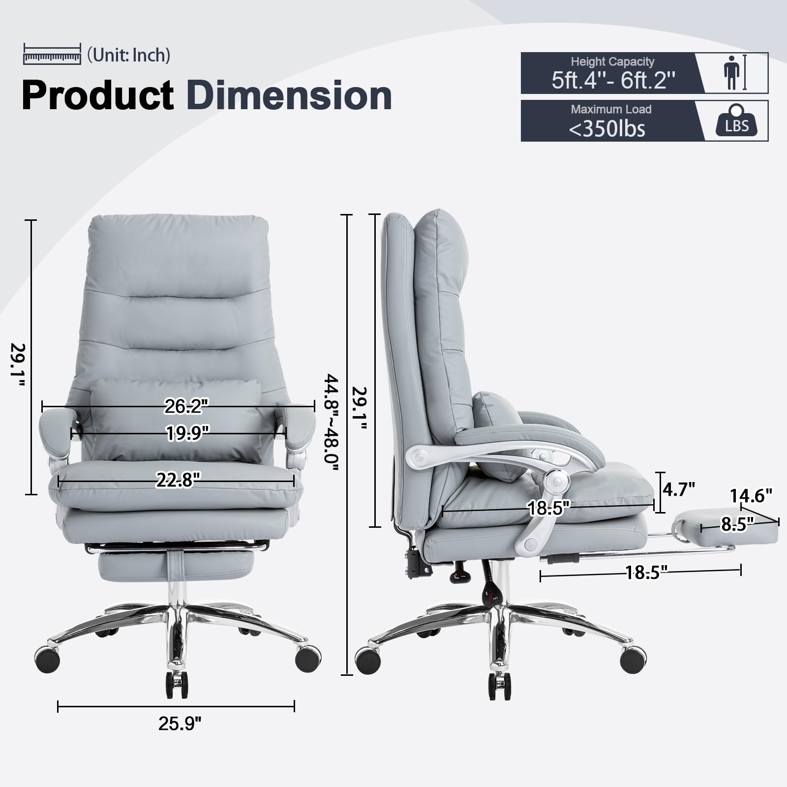 BOWTHY Office Chair with Foot Rest - High Back Executive Chair with Padded Linkage Armrests, Reclining Desk Chair with Wheels, Comfy Chair with Double Thick Cushion (Gray)