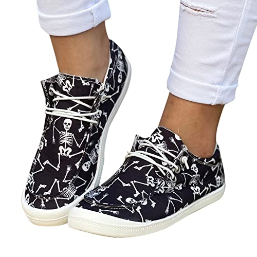 Women's Casual Loafers Halloween Themed Skeleton Pumpkin Printed Comfort Fashion Lace Up Sneakers Flat Walking Shoes B-Black