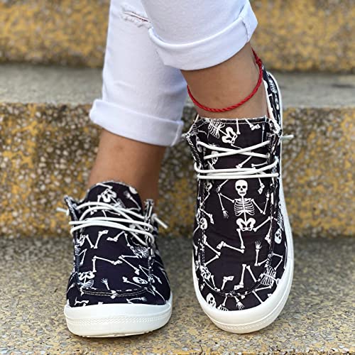 Women's Casual Loafers Halloween Themed Skeleton Pumpkin Printed Comfort Fashion Lace Up Sneakers Flat Walking Shoes B-Black