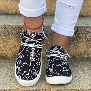 Women's Casual Loafers Halloween Themed Skeleton Pumpkin Printed Comfort Fashion Lace Up Sneakers Flat Walking Shoes B-Black