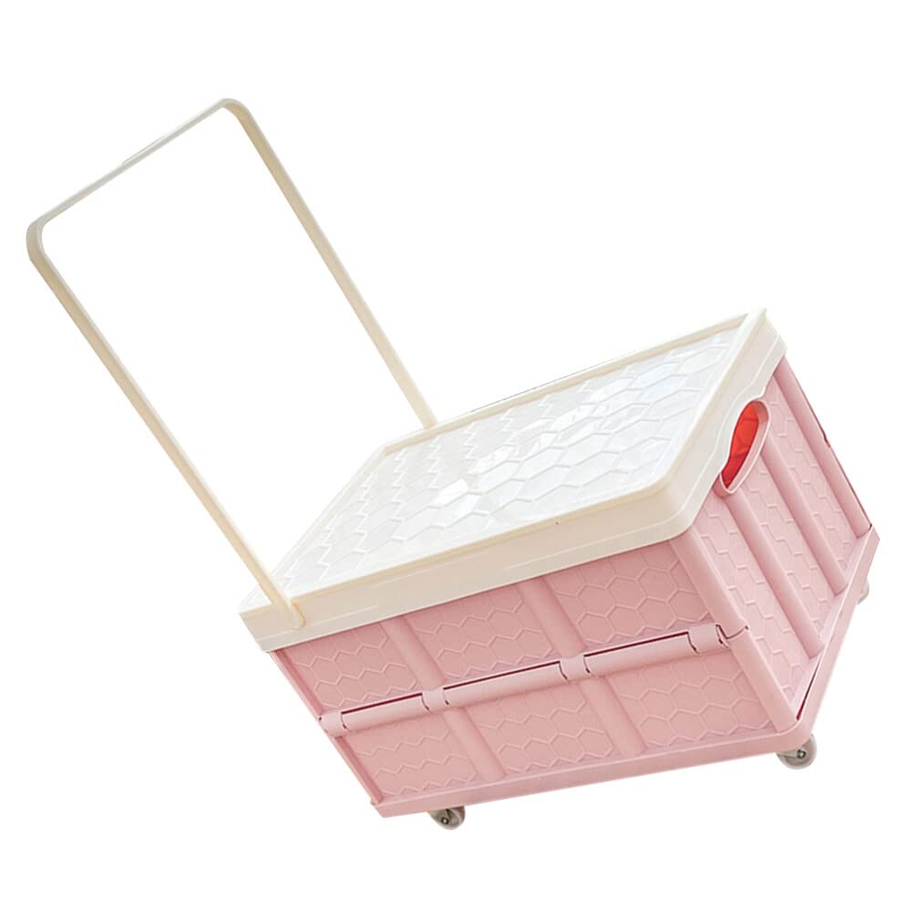 Cabilock Grocery Cart Foldable Storage Bin Collapsible Storage Box Lidded Clothes Storage Box Utility Wagon Beach Camping Garden Shopping Cart with Wheel for Grocery Container Pink