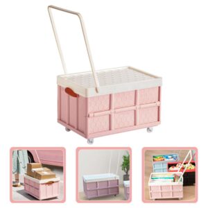 Cabilock Grocery Cart Foldable Storage Bin Collapsible Storage Box Lidded Clothes Storage Box Utility Wagon Beach Camping Garden Shopping Cart with Wheel for Grocery Container Pink