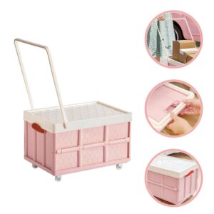 Cabilock Grocery Cart Foldable Storage Bin Collapsible Storage Box Lidded Clothes Storage Box Utility Wagon Beach Camping Garden Shopping Cart with Wheel for Grocery Container Pink