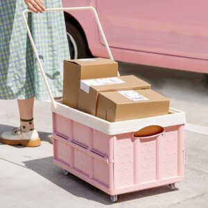 Cabilock Grocery Cart Foldable Storage Bin Collapsible Storage Box Lidded Clothes Storage Box Utility Wagon Beach Camping Garden Shopping Cart with Wheel for Grocery Container Pink