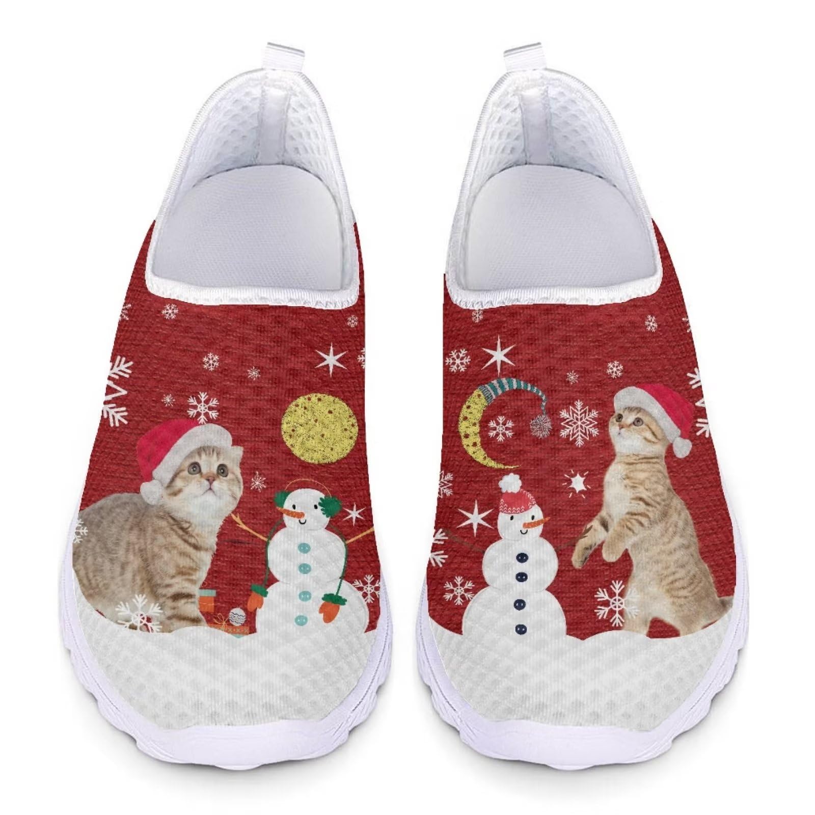 Xpyiqun Snowman Cat Shoes Christmas Sneakers for Women Slip On Loafers Gym Sport Tennis Sneaker Size 9.5 Workout Walking Running Shoe Light Weight Cross Trainers Xmas Footwear