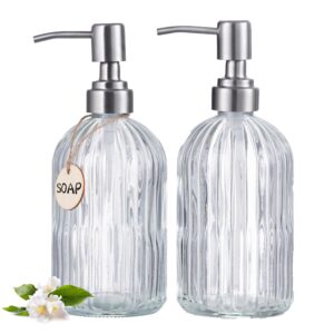 vorey 16 oz glass soap dispenser with 304 stainless steel pump, refillable liquid hand soap dispenser for kitchen, bathroom, farmhouse decor accessories (2 pcs clear, vertical grain)