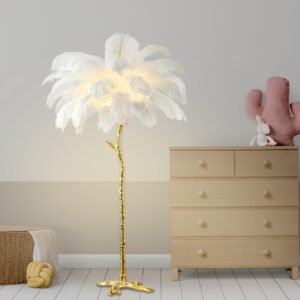 dhxcomfor ostrich feather lamp, 35 pieces feathers floor lamps resin modern gold standing lamp romantic colorful nordic tall light with foot switch and led bulbs for living room, bedroom, office 65”