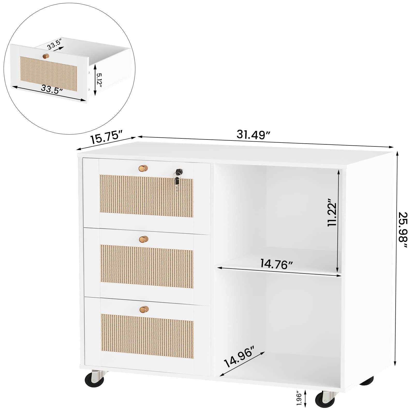 Lamerge 3-Drawer Wood File Cabinet with Lock,Rattan Office Storage Cabinet Printer Stand with Storage,Mobile Lateral Filing Cabinet for Home Office with Open Storage Shelves,White