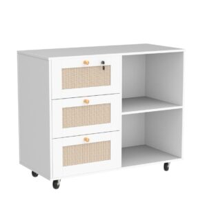 Lamerge 3-Drawer Wood File Cabinet with Lock,Rattan Office Storage Cabinet Printer Stand with Storage,Mobile Lateral Filing Cabinet for Home Office with Open Storage Shelves,White