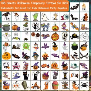 CHARLENT 148 Sheets Halloween Temporary Tattoos for Kids - Individual Halloween Pumpkin Skeletons Tattoos for Boys Girls Halloween Party Favors Treats Goodie Bag Fillers