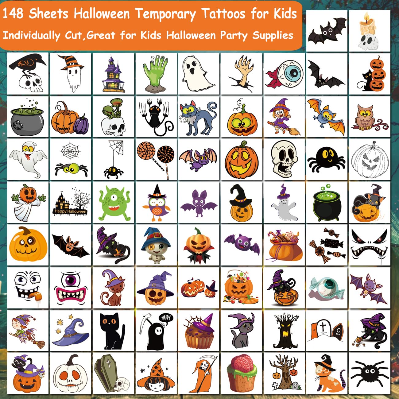 CHARLENT 148 Sheets Halloween Temporary Tattoos for Kids - Individual Halloween Pumpkin Skeletons Tattoos for Boys Girls Halloween Party Favors Treats Goodie Bag Fillers