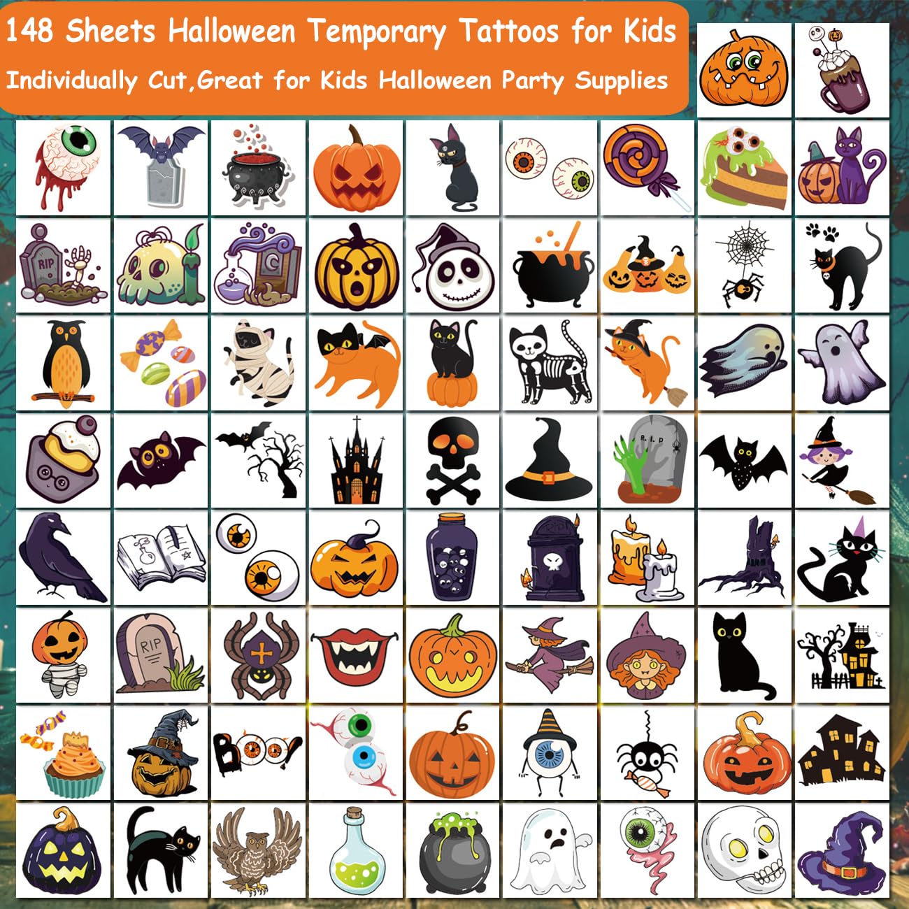 CHARLENT 148 Sheets Halloween Temporary Tattoos for Kids - Individual Halloween Pumpkin Skeletons Tattoos for Boys Girls Halloween Party Favors Treats Goodie Bag Fillers