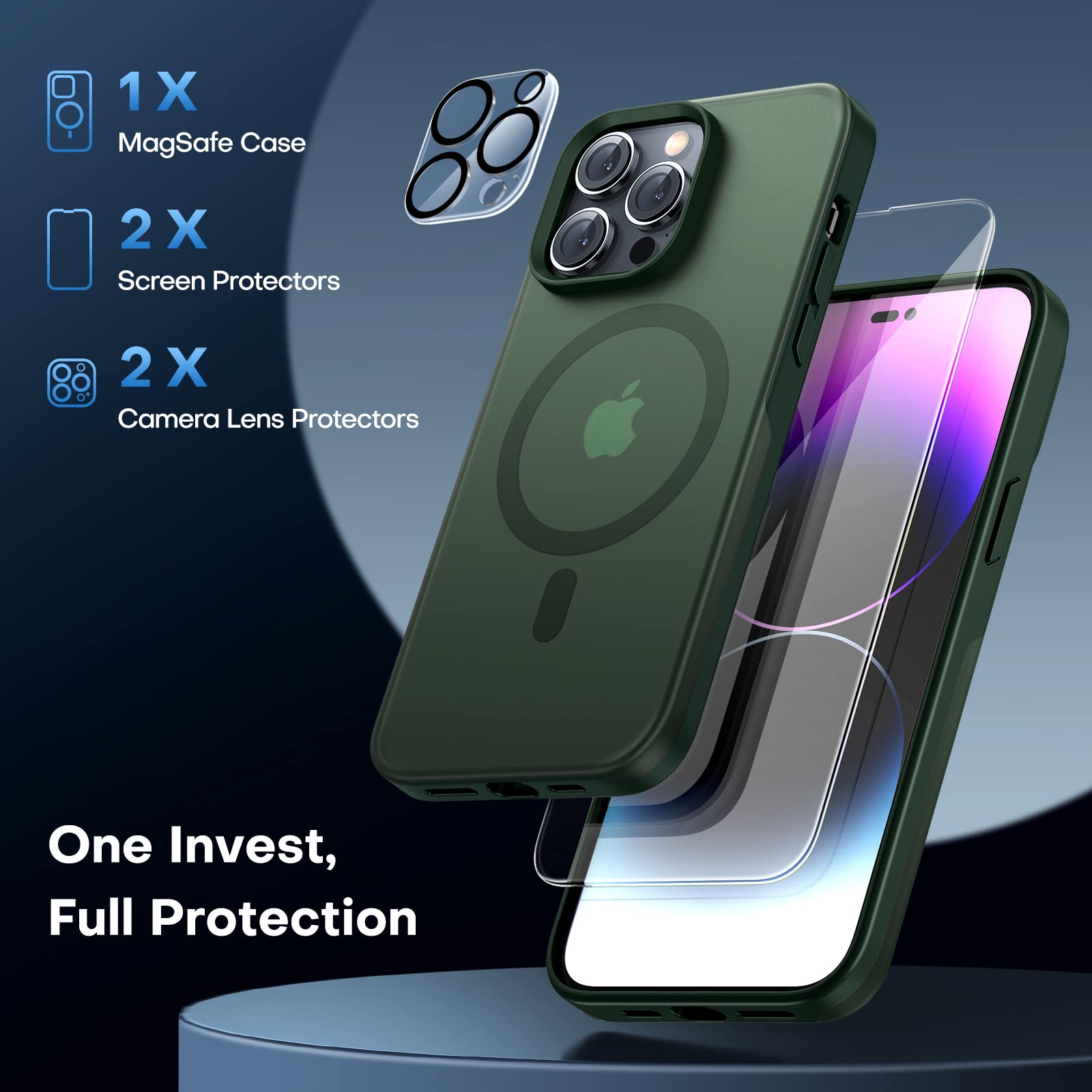 TAURI [5 in 1 Magnetic Case for iPhone 14 Pro Max [Military Grade Drop Protection] with 2X Screen Protector +2X Camera Lens Protector, Translucent Slim Fit Designed for Magsafe Case-Green