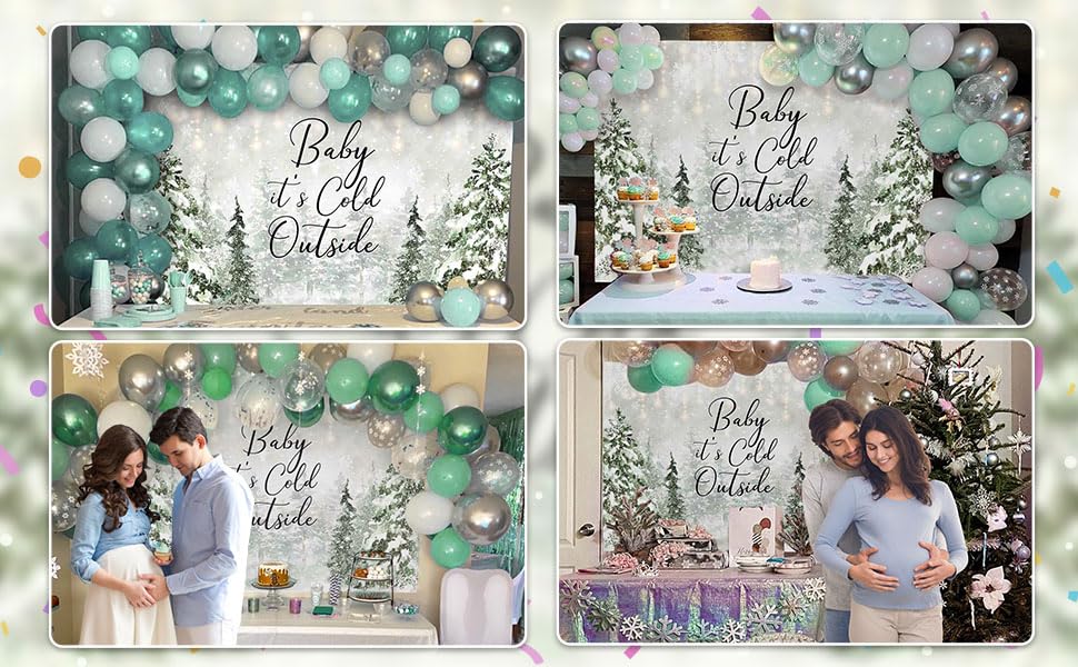 Avezano Baby It's Cold Outside Backdrop Winter Baby Shower Photo Background Props Winter Wonderland Party Decoration Winter Snowflakes Newborn Photo Photo Banner (Green, 7x5ft)