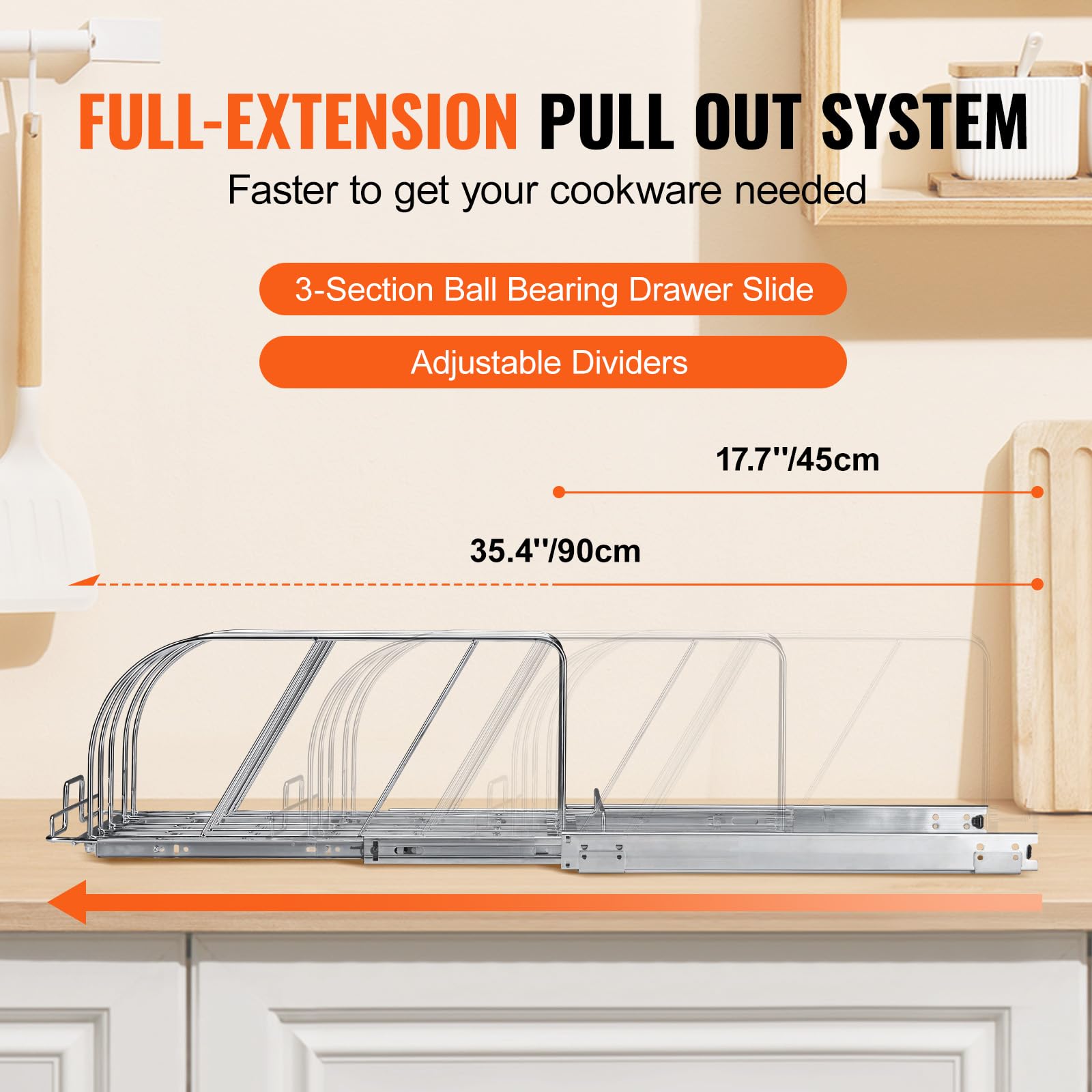 VEVOR Pan and Pot Rack, Expandable Pull Out Under Cabinet Organizer, Cookie Sheet Baking Pans tray Organization, Adjustable Wire Dividers, Steel Lid Holder for Kitchen Cabinet & Pantry Storage, 13.8"W