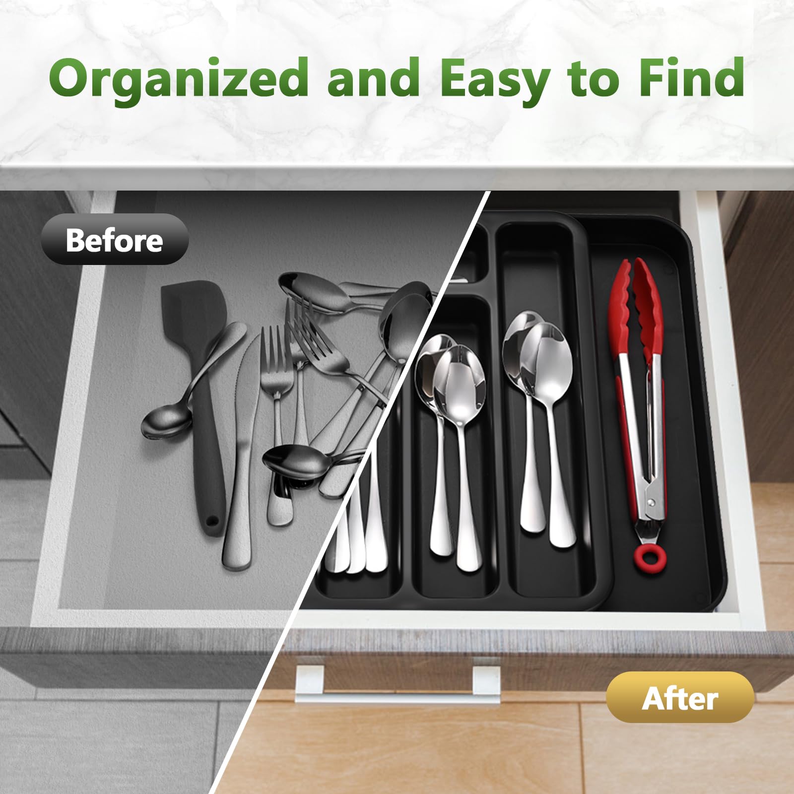 Gelply 1 PC Silverware Drawer Organizer, Expandable 7 Compartment Utensil Tray for Kitchen Drawers, Large Adjustable Flatware Organizer, Kitchen Organization for Forks Spoons Knives Storage - Black