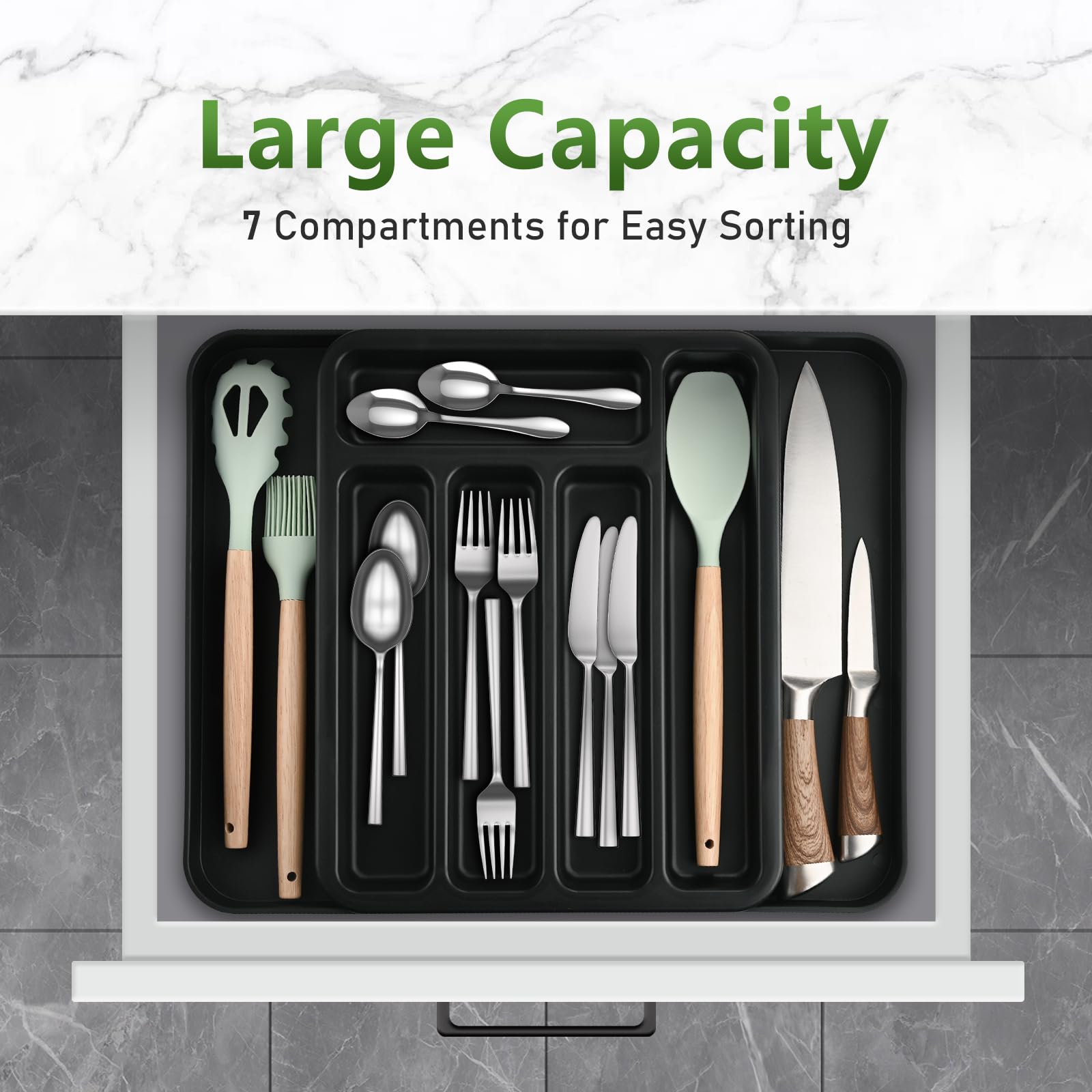 Gelply 1 PC Silverware Drawer Organizer, Expandable 7 Compartment Utensil Tray for Kitchen Drawers, Large Adjustable Flatware Organizer, Kitchen Organization for Forks Spoons Knives Storage - Black