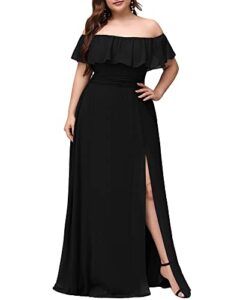 ever-pretty women's off shoulder ruffle sleeves side split chiffon plus size semi formal dresses for women black us24