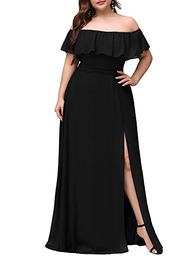 Ever-Pretty Women's Off Shoulder Ruffle Sleeves Side Split Chiffon Plus Size Semi Formal Dresses for Women Black US24