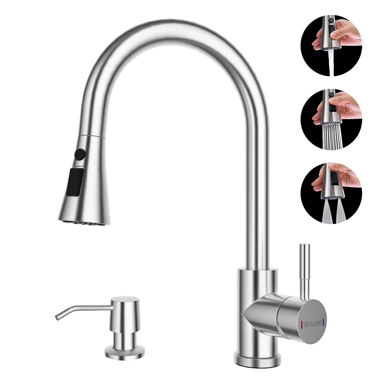 BLYLUND Kitchen Faucets with Soap Dispenser, Brushed Nickel Kitchen Faucet with Pull Down Sprayer 3 Modes, Stainless Steel Modern Kitchen Sink Faucets High Arch Single Handle Faucet