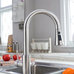 BLYLUND Kitchen Faucets with Soap Dispenser, Brushed Nickel Kitchen Faucet with Pull Down Sprayer 3 Modes, Stainless Steel Modern Kitchen Sink Faucets High Arch Single Handle Faucet