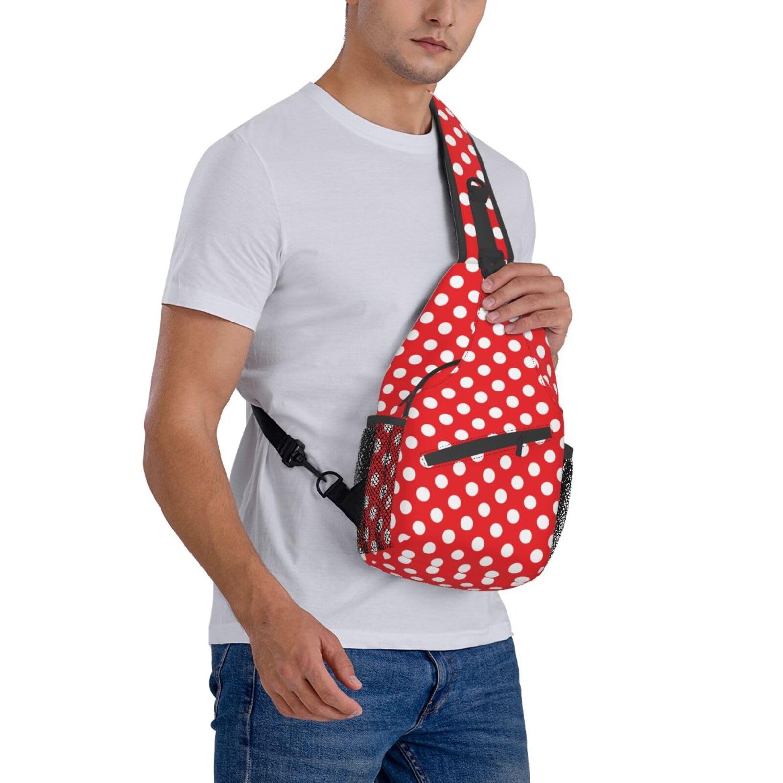 Red White Polka Dot Sling Bag Crossbody Travel Hiking Backpack Daypack for Women Men Unisex，Shoulder Chest Bags Cycling Gym