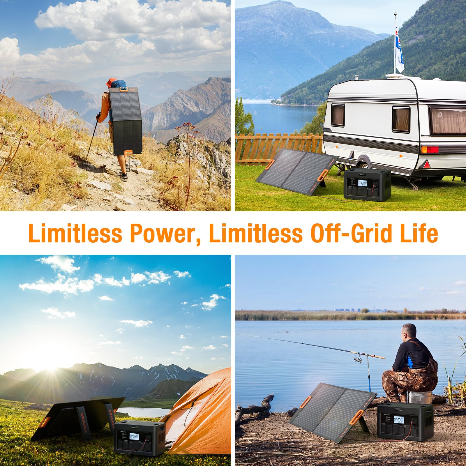 GRECELL Portable Power Station 2400W Solar Generator with 2 * 100W Solar Panel, 1843Wh UPS Backup LiFePO4 Battery Power Supply with 11 Outlets(4 2400W AC Outlets,2 PD100W) for Home CPAP Camping RV