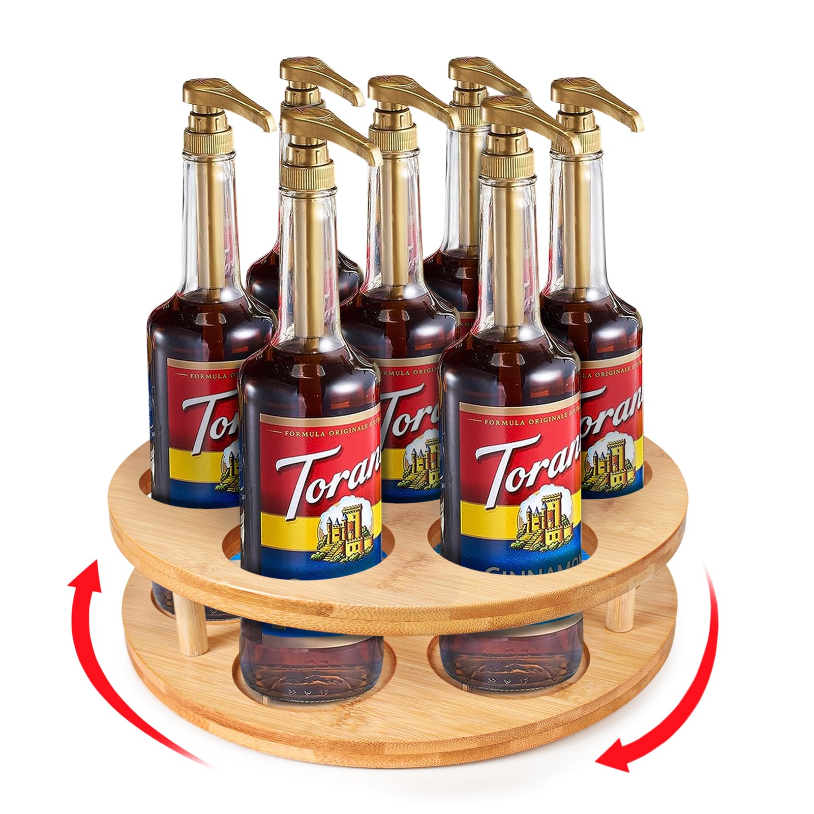 Actororp Rotating Coffee Syrup Organizer, 7 Bottles Coffee Syrup Rack, Wooden Countertop Syrup Bottle Rack for Coffee Bar Station, Carousel Wine Display Tray