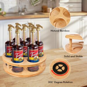 Actororp Rotating Coffee Syrup Organizer, 7 Bottles Coffee Syrup Rack, Wooden Countertop Syrup Bottle Rack for Coffee Bar Station, Carousel Wine Display Tray