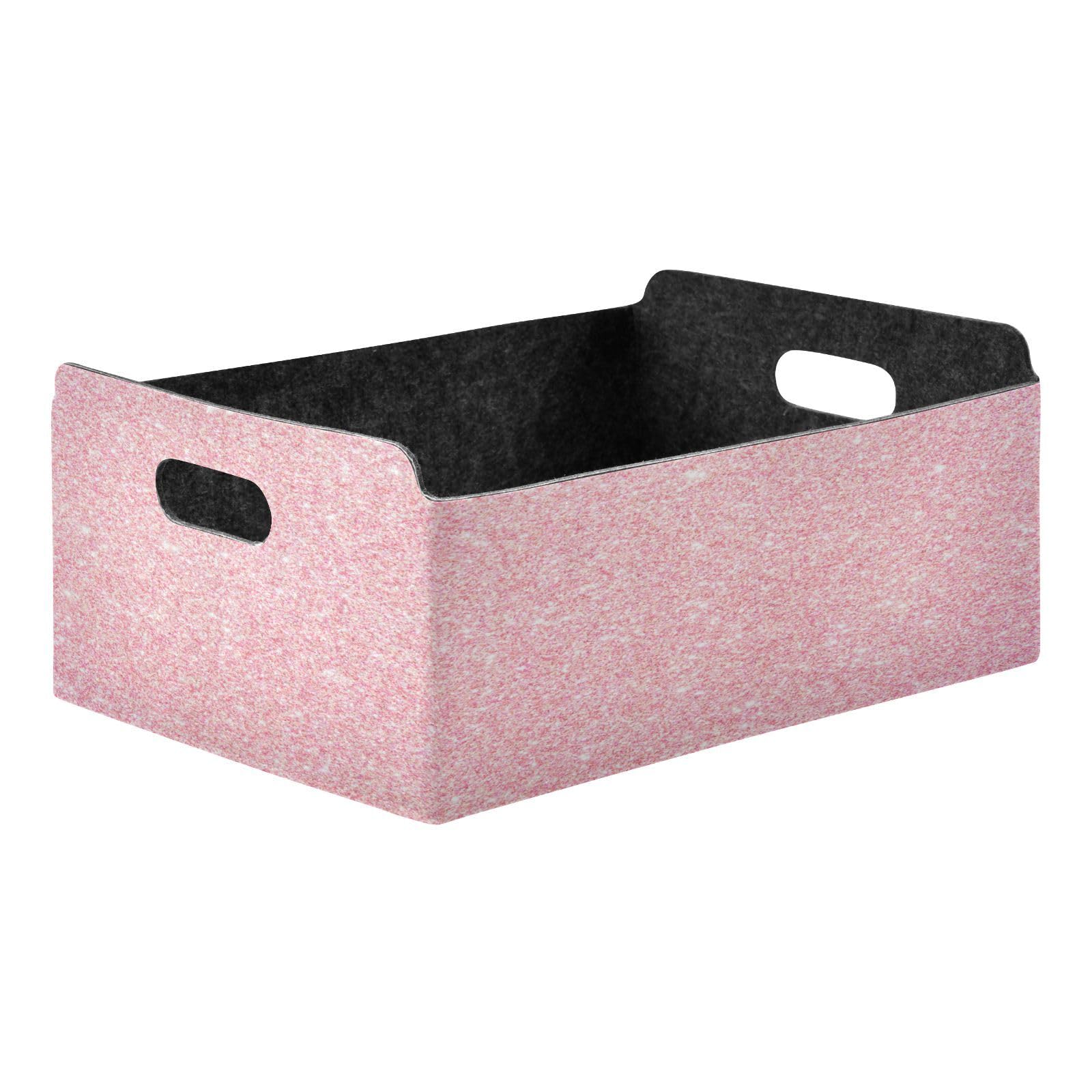 YETTASBIN Pink Glitter Texture Felt Storage Baskets with Handle, Collapsible Open Storage Bin Drawers Storage Box for Shelf Closet Office Bedroom Nursery Home, 14 x 5 x 10 Inch